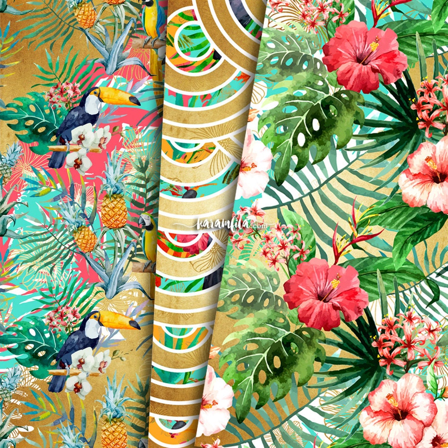 Tropical Summer Digital Paper Gold Foil Watercolor Fashion - Etsy