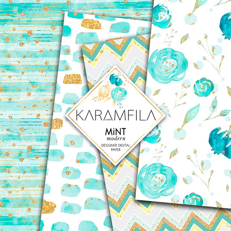 Mint and Gold Floral Digital Paper Wedding Digital Paper - Etsy