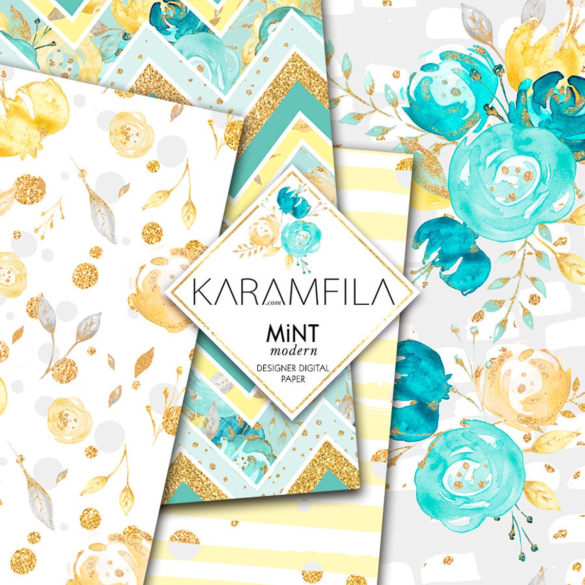 Mint and Gold Floral Digital Paper Wedding Digital Paper - Etsy
