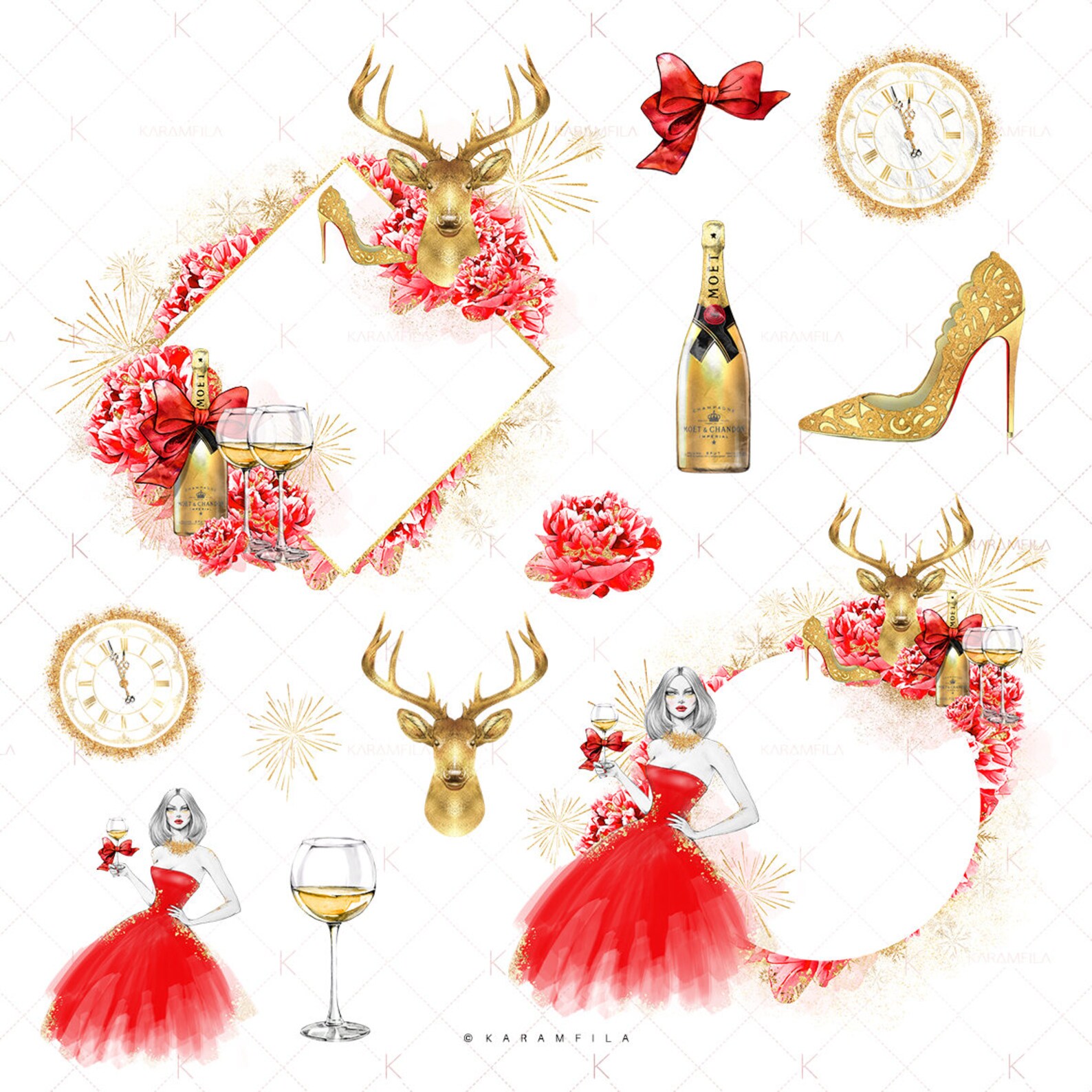 New Years Party Clipart Watercolor Valentines Clipart Fashion - Etsy