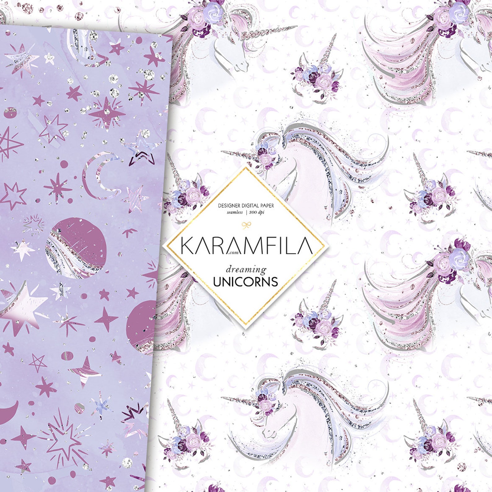Dreaming Unicorns Digital Paper Purple Nursery Fabrics | Etsy