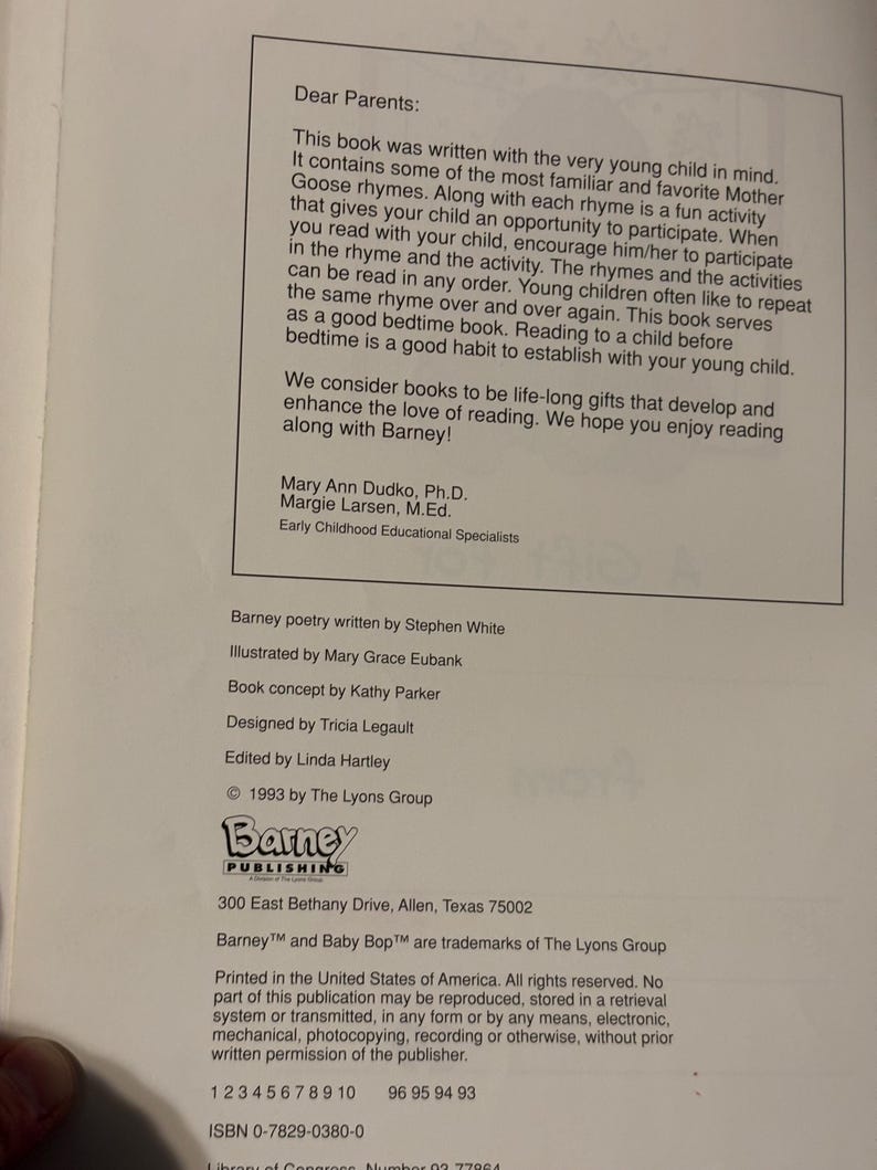 Vintage 1993 Barney’s Favorite Mother Goose Rhymes - Etsy