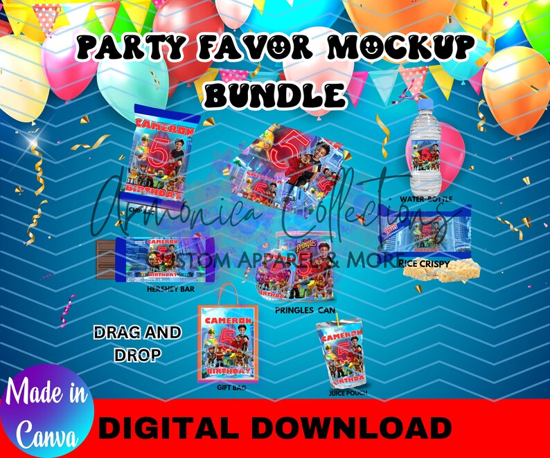 Editable Drag-and-drop Party Favor Mockup Template Showcase Your Party ...