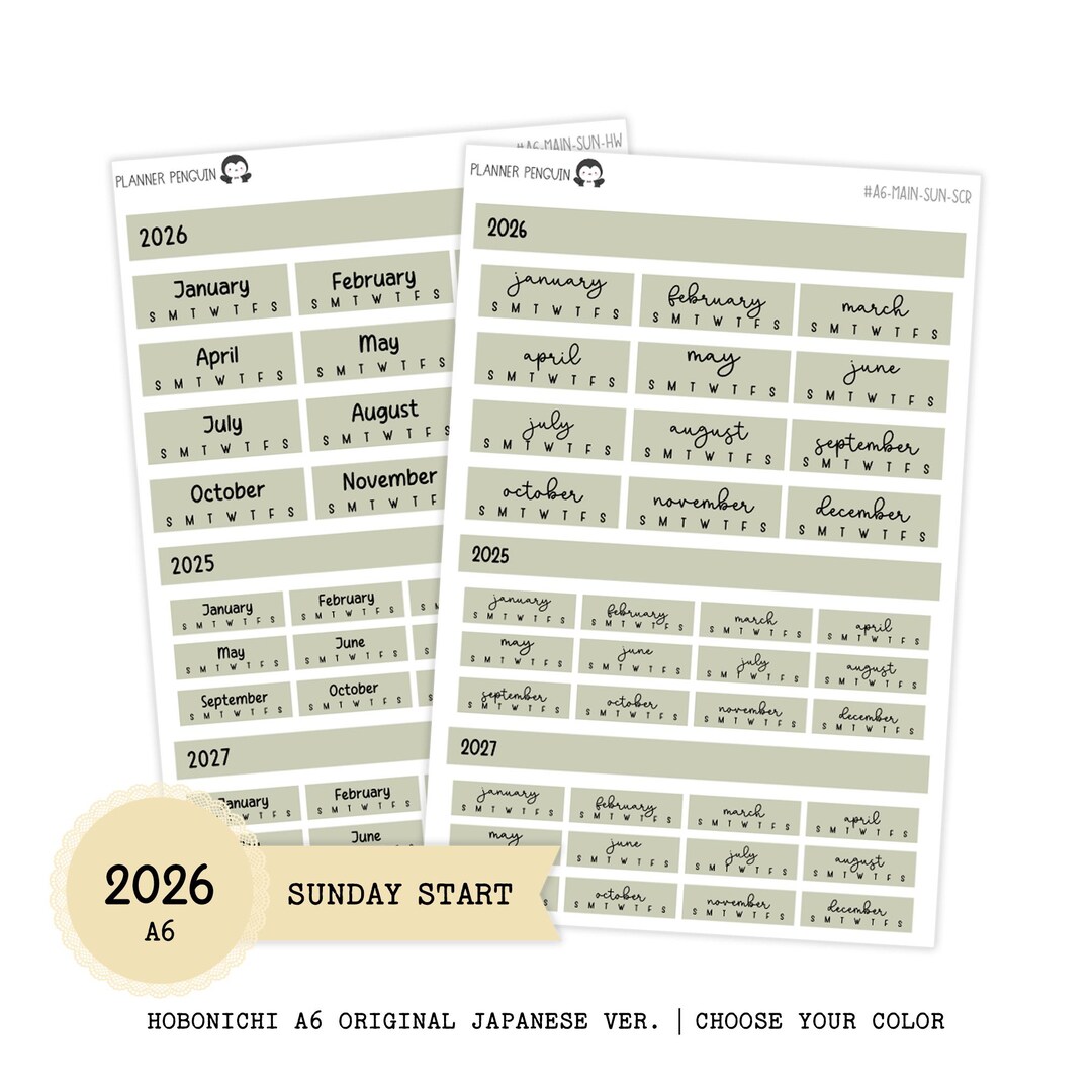 2026 Hobonichi A6 Original Japanese SUNDAY Start Yearly View Stickers ...