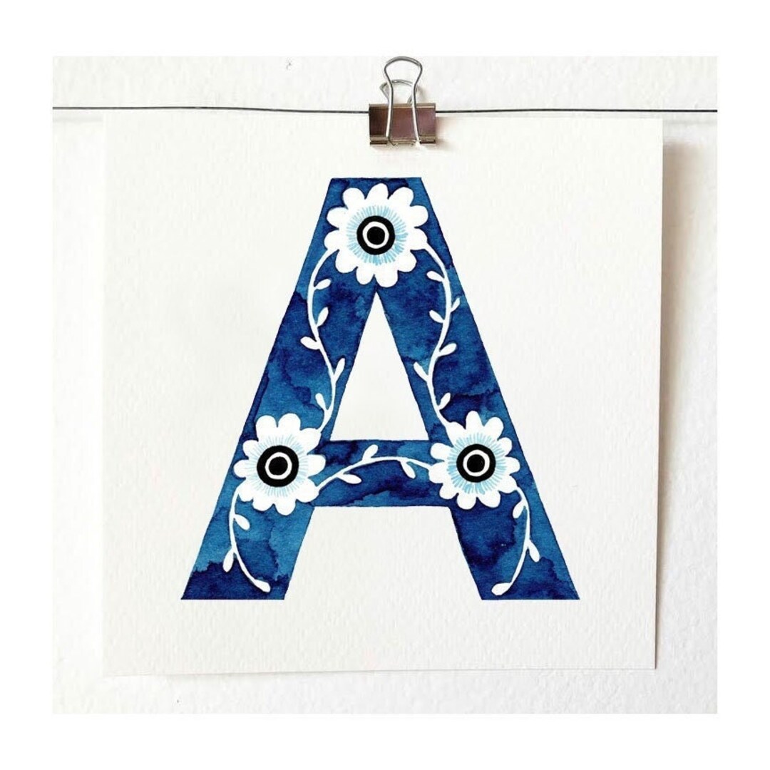 MONOGRAM 9x9 Blue Alphabet Initial Home Decor Baby Nursery Font Folk ...