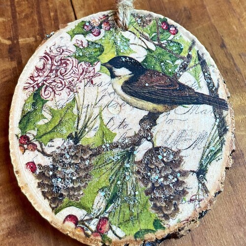 Christmas Mouse Decoupaged Natural Wood Slice Ornament - Etsy