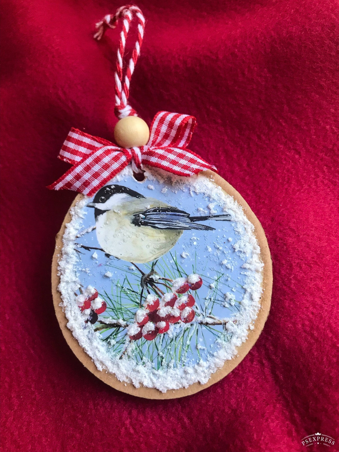 Christmas Chickadee Wood Slice Ornament - Decoupaged Ornament - Etsy