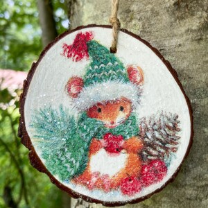 Christmas Mouse Decoupaged Natural Wood Slice Ornament | Etsy