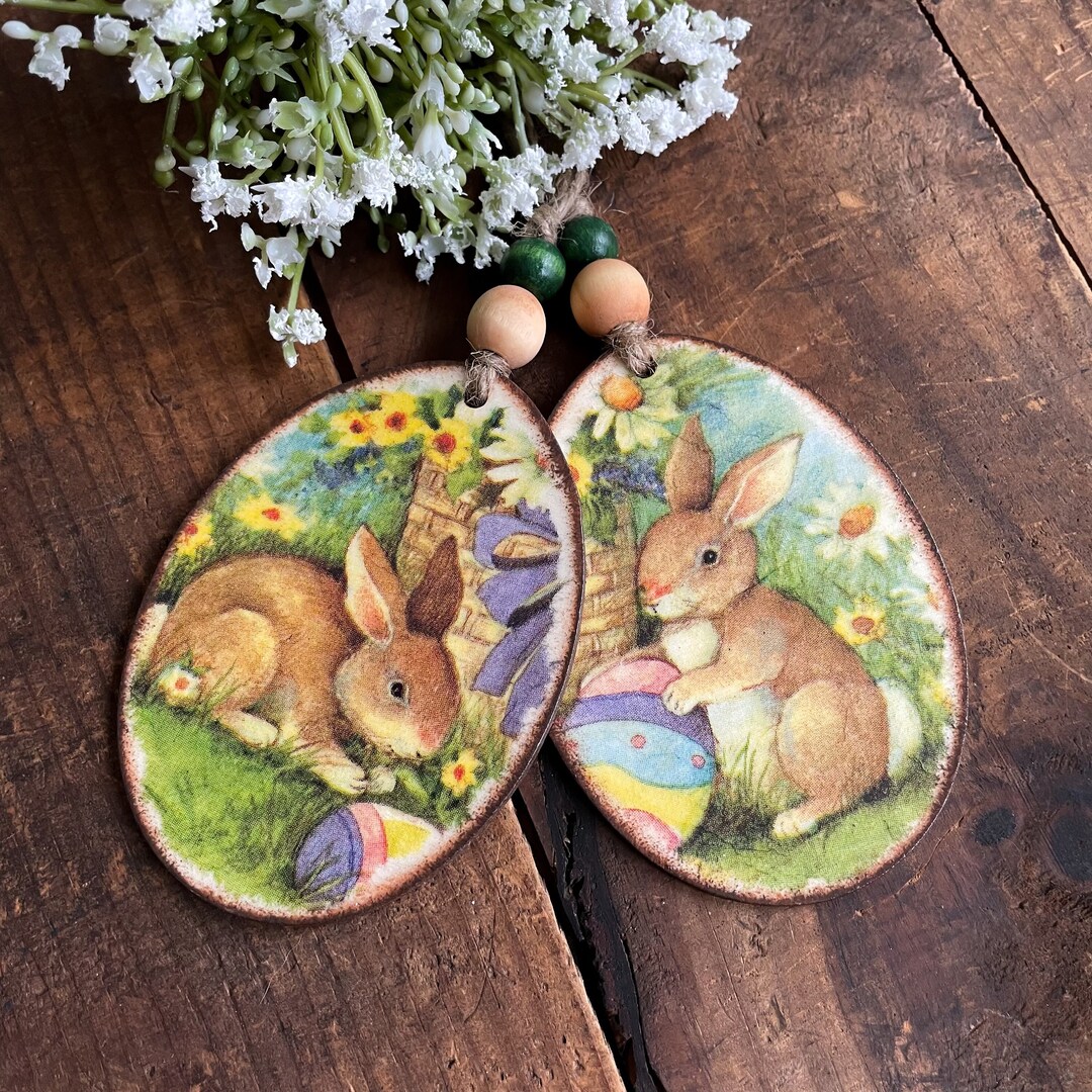 Easter Egg Ornaments - Set of Two Decoupaged Wood Bunny Cutout ...
