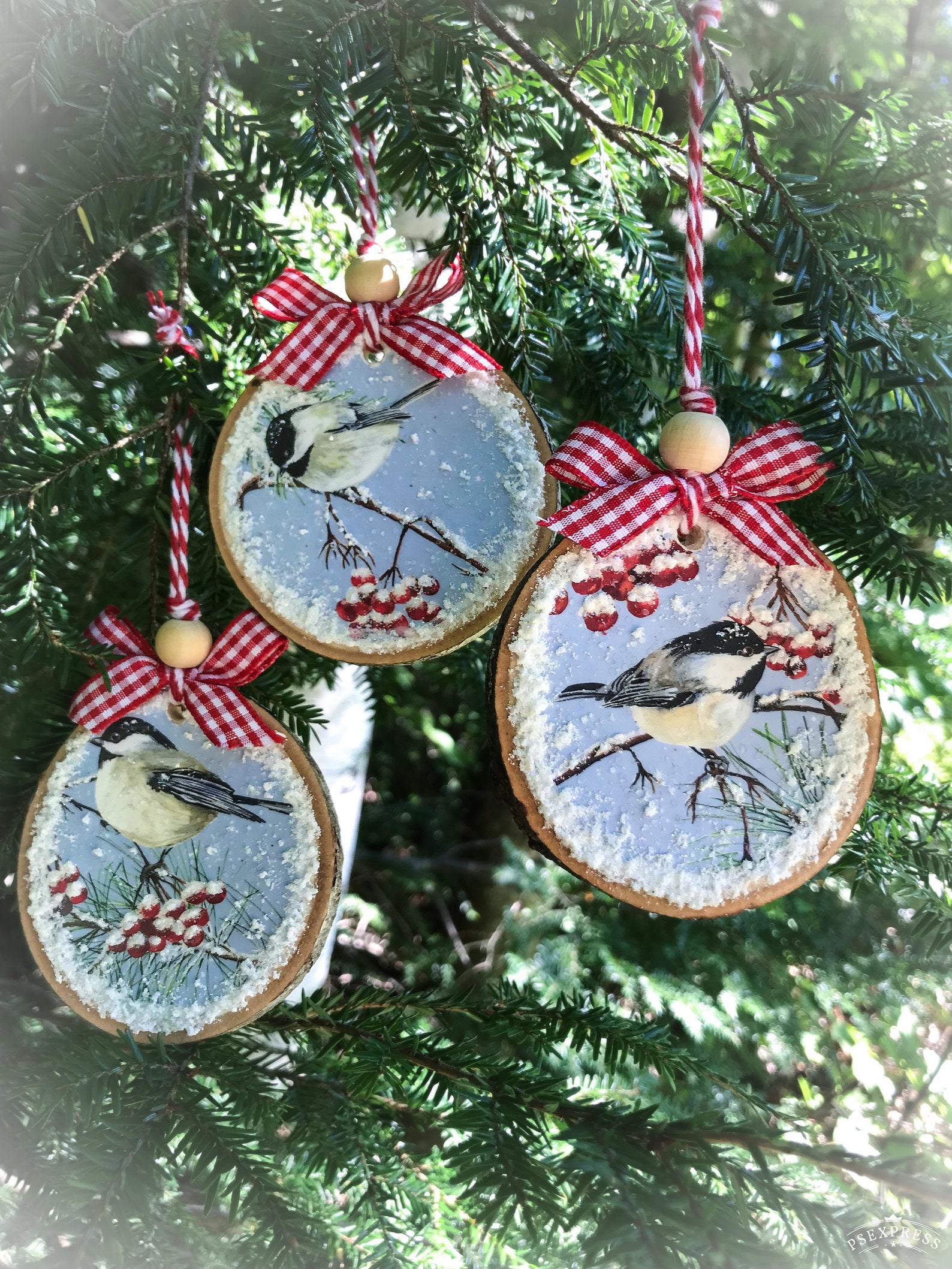 Winter Chickadees Wood Slice Ornament Set Christmas - Etsy