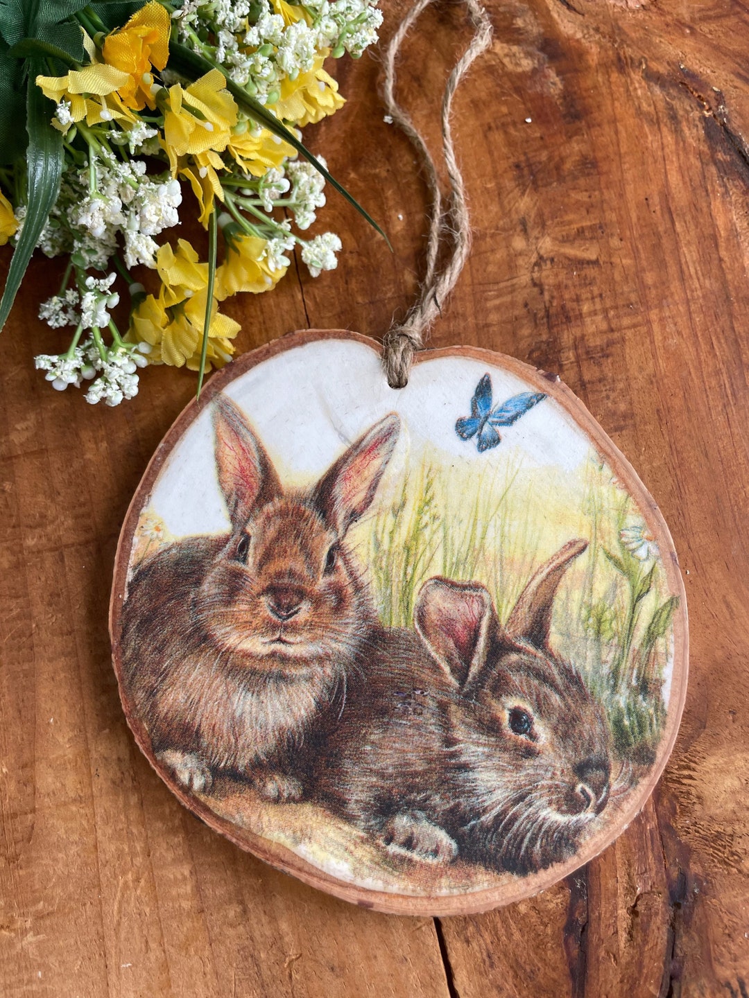 Decoupaged Wood Slice Bunnies Ornament - Etsy