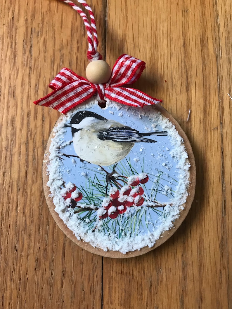 Christmas Chickadee Wood Slice Ornament - Decoupaged Ornament - Etsy