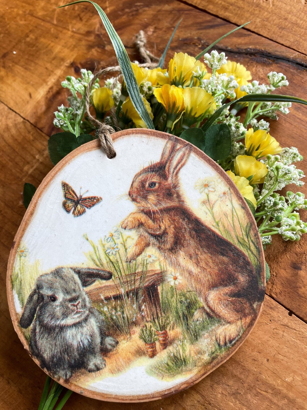 Decoupaged Wood Slice Bunnies and Butterfly Ornament - Etsy UK