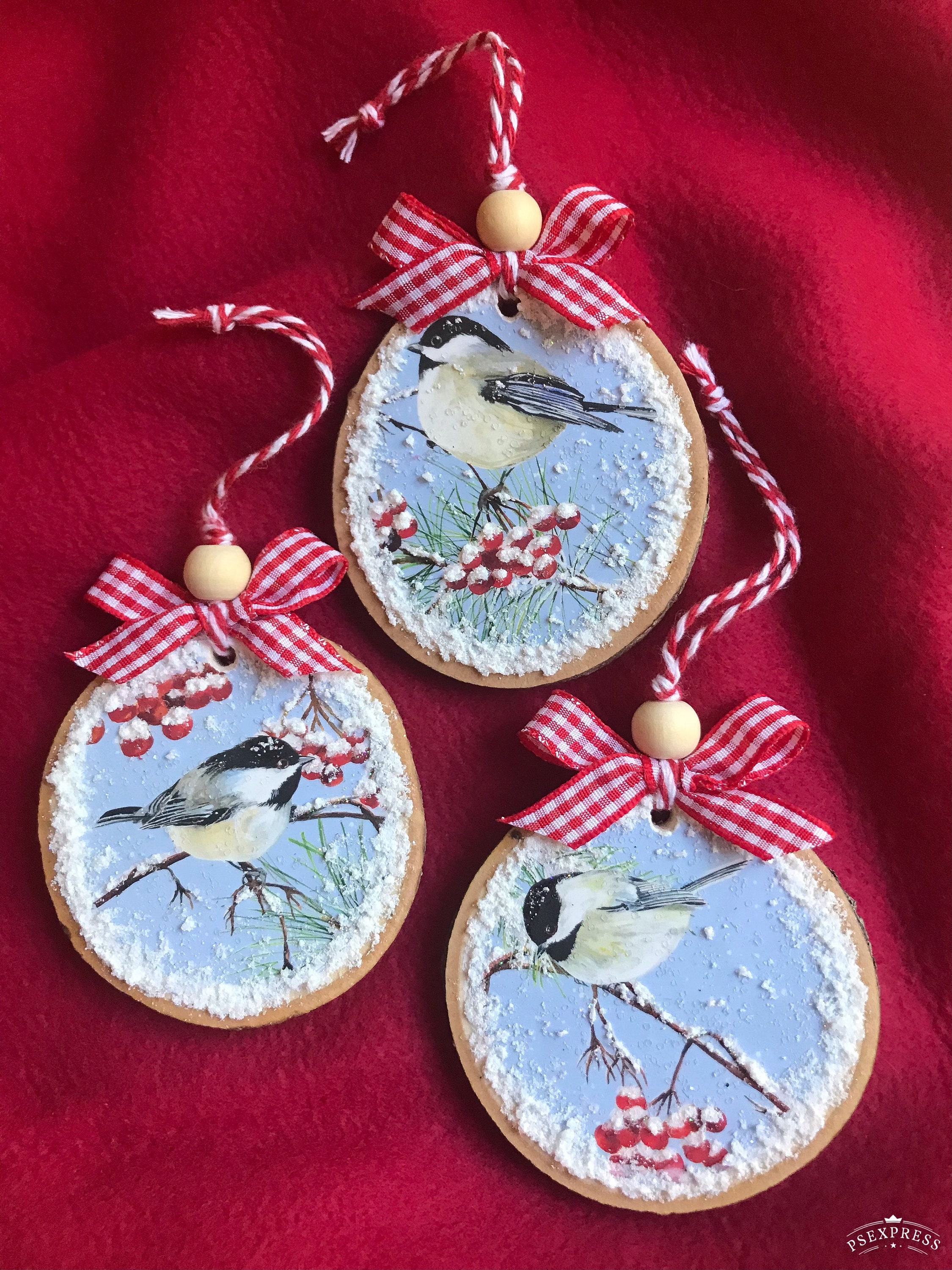Winter Chickadees Wood Slice Ornament Set Christmas - Etsy