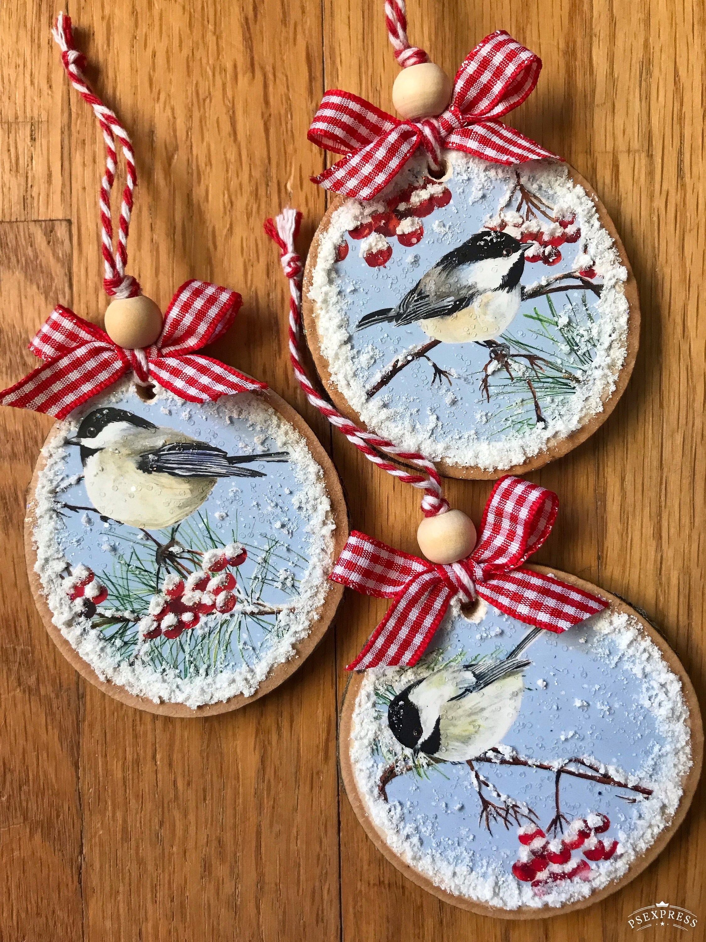 Winter Chickadees Wood Slice Ornament Set Christmas - Etsy
