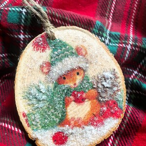 Christmas Mouse Decoupaged Natural Wood Slice Ornament - Etsy