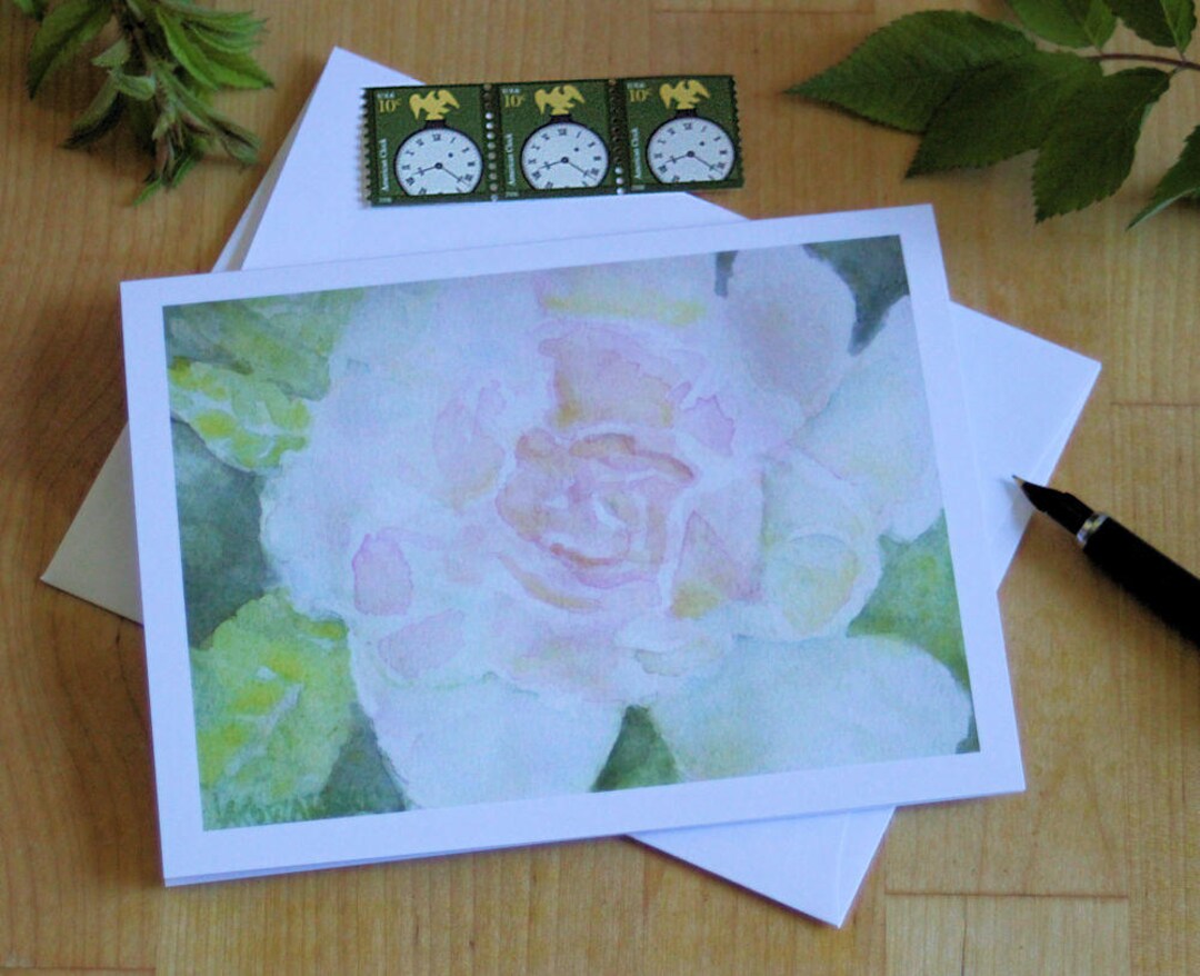 White Rose Note Card Blank Watercolor Flower Invitation Thank You ...