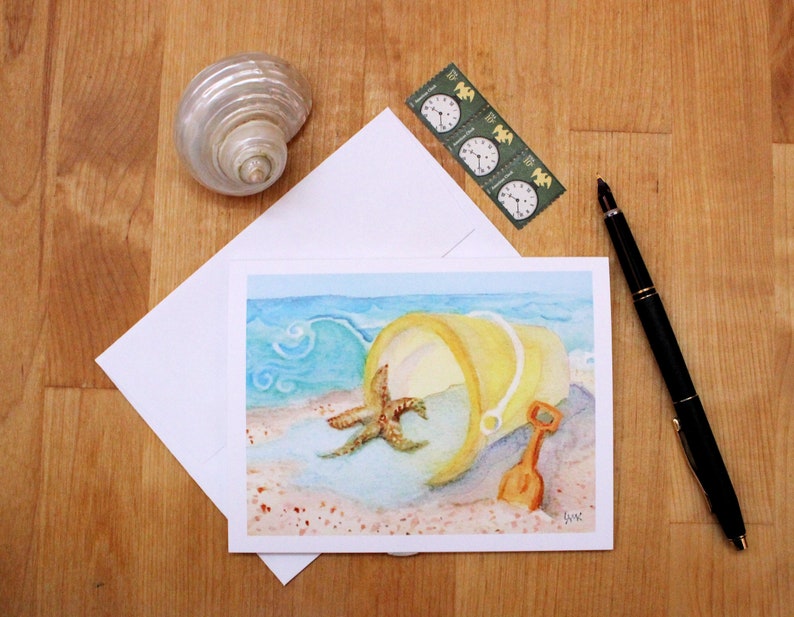 Beach Note Cards Bucket and Shovel With Starfish Watercolor - Etsy