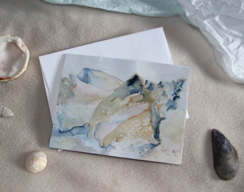 Beach Note Card Watercolor Conch Shell Beach House Invitation | Etsy