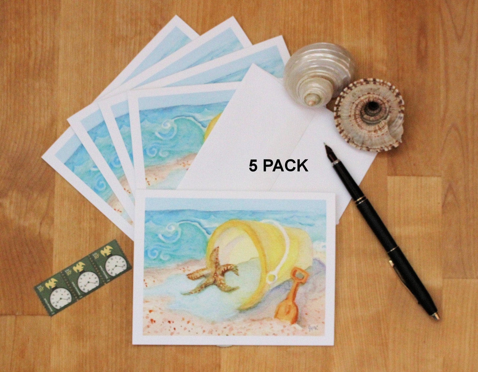 Beach Note Cards Bucket and Shovel With Starfish Watercolor - Etsy