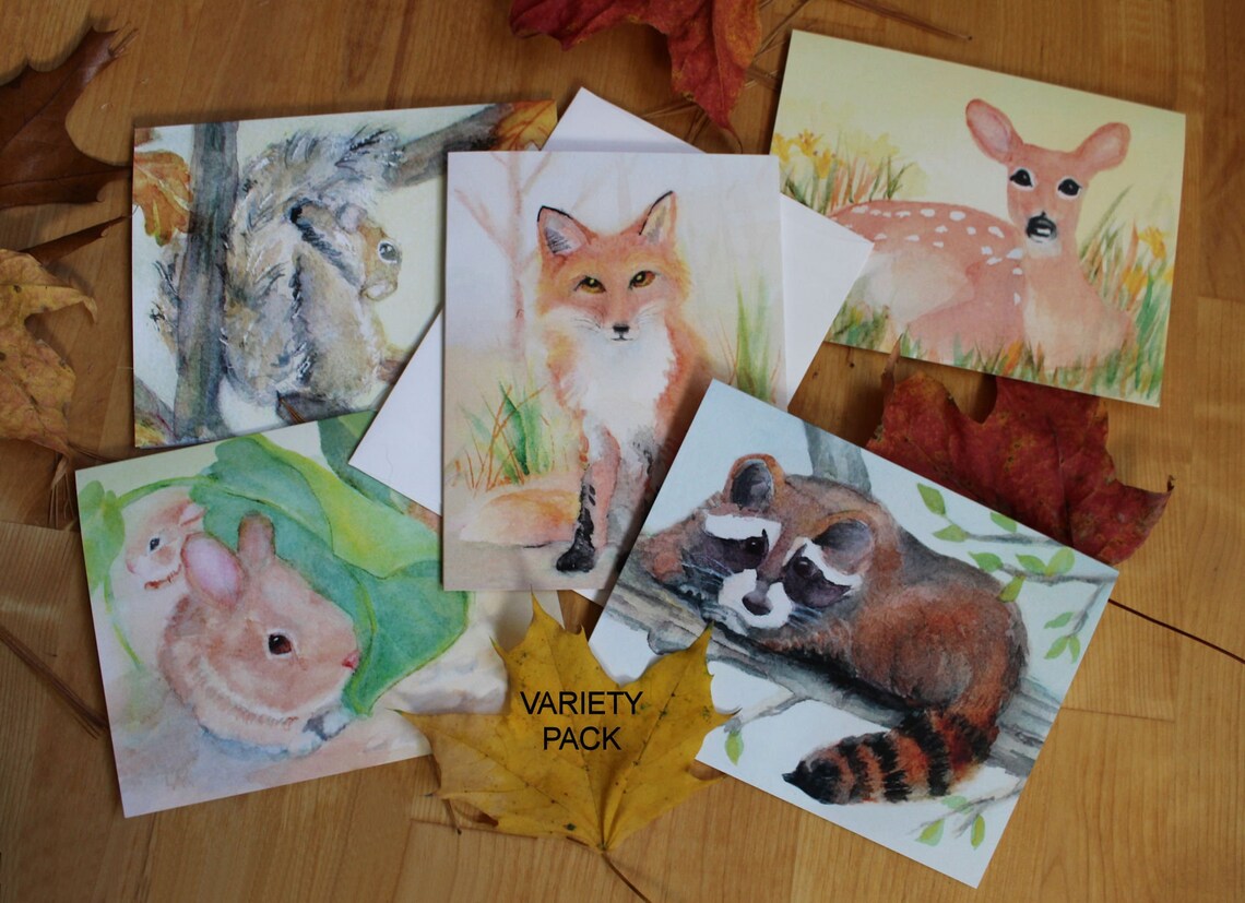 Woodland Animals Card Assortment Artistic Watercolor Cards - Etsy