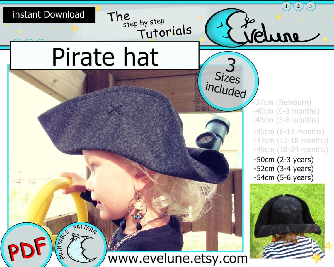 Pirate hat PDF pattern English 3 sizes included tricorn | Etsy