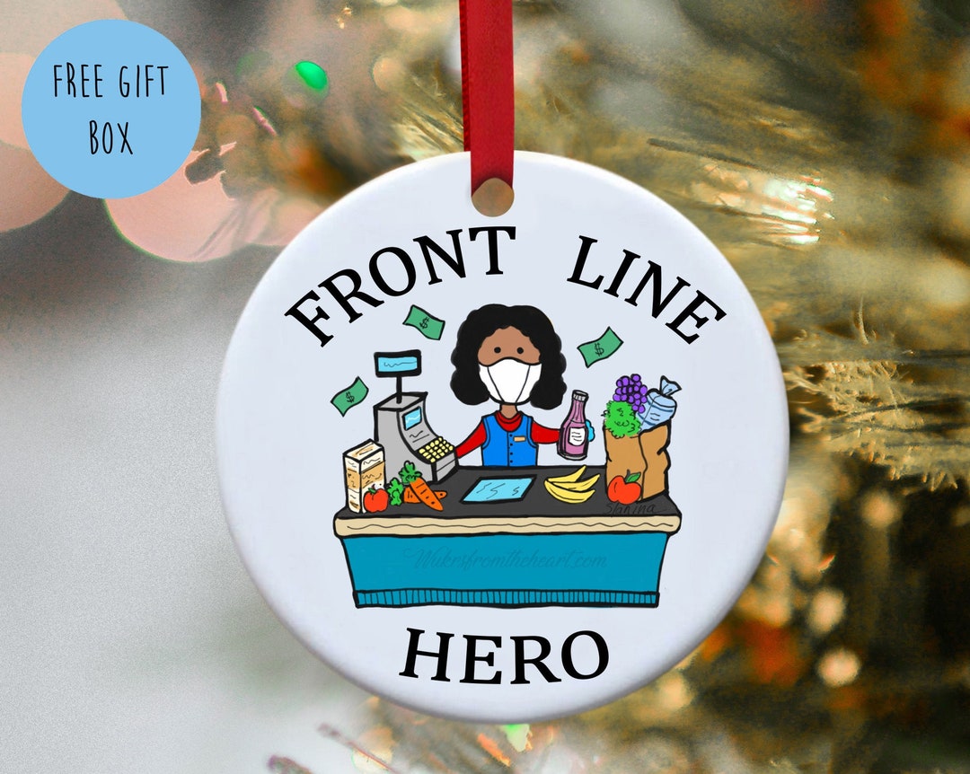 Front Line Hero Personalized Christmas Ornament / Afro American Cashier ...