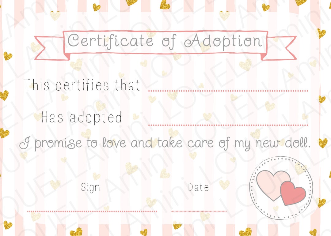 Baby Doll Adoption Certificate, Printable, Hearts, Valentines Day ...