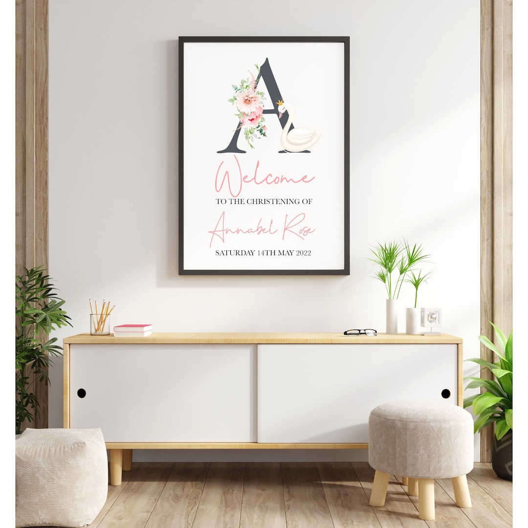Personalized Floral Christening Welcome Sign: Botanical Monogram Poster ...