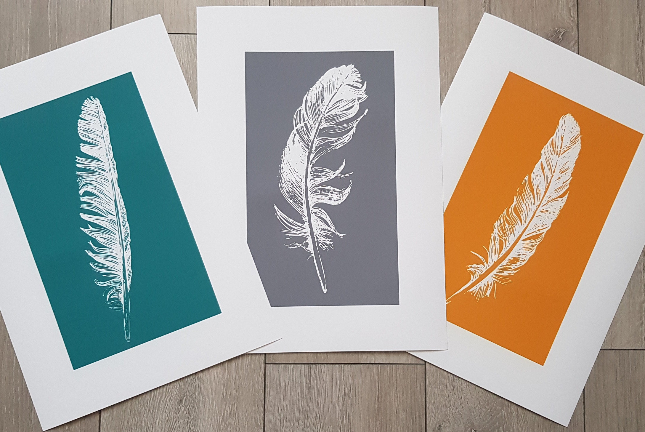 Feather Print Set Grey Feather Wall Art Set of 3 Colourful | Etsy