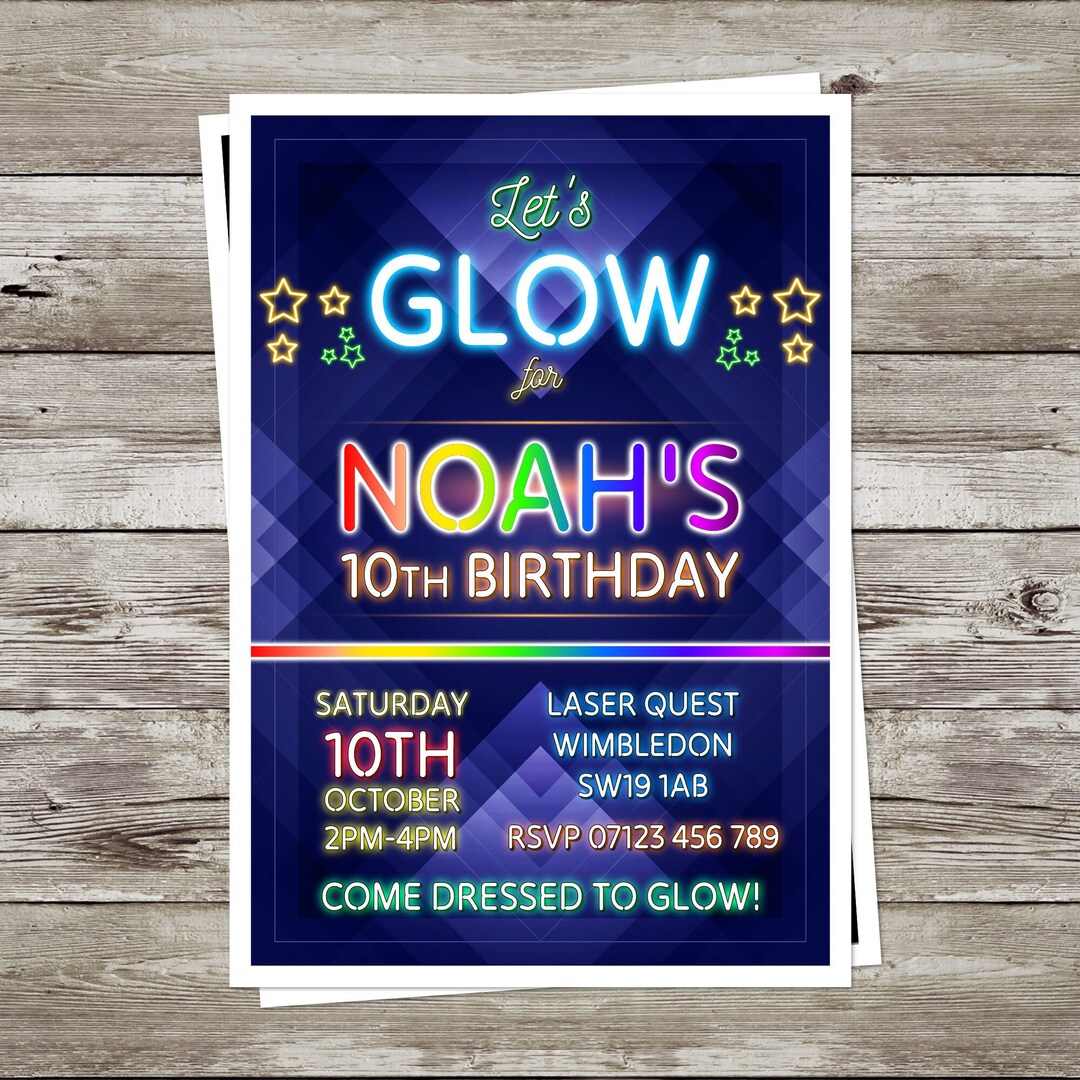Personalised Neon Glow Dance Birthday Invitations Party Invites for ...