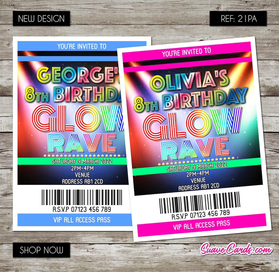 Glow Neon UV Disco Rave Invitations. Personalised Birthday Party VIP ...