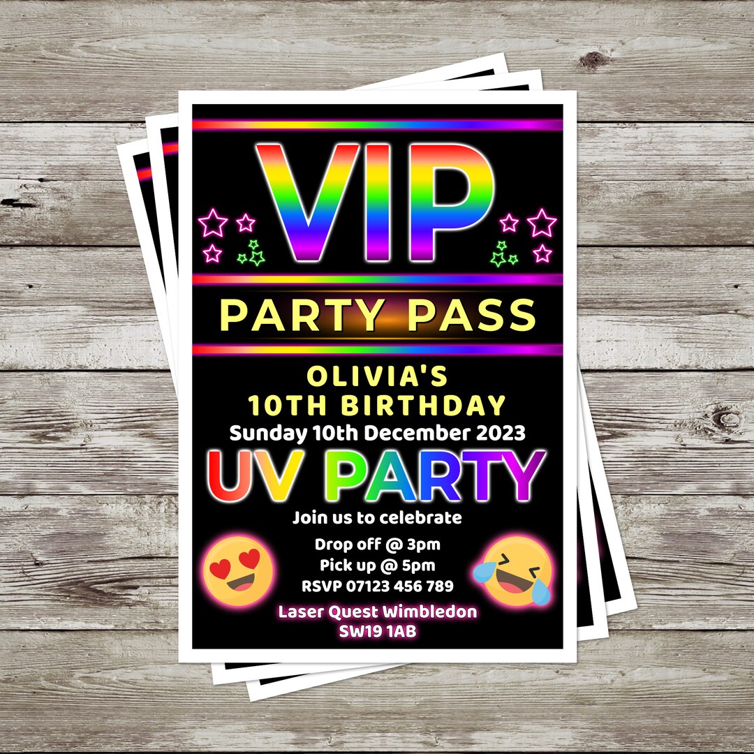 VIP Pass UV Neon Glow Theme Birthday Invitations Personalised Party ...