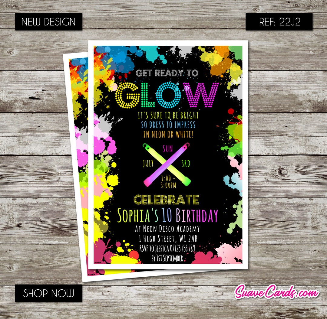 Neon Glow Theme Birthday Invitations Personalised Party Invites for ...