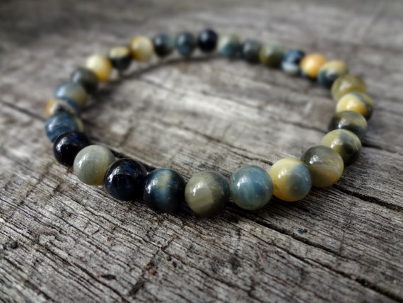 Grey Tiger Eye Bracelet. Dainty Natural Blue and Gold Gemstone | Etsy