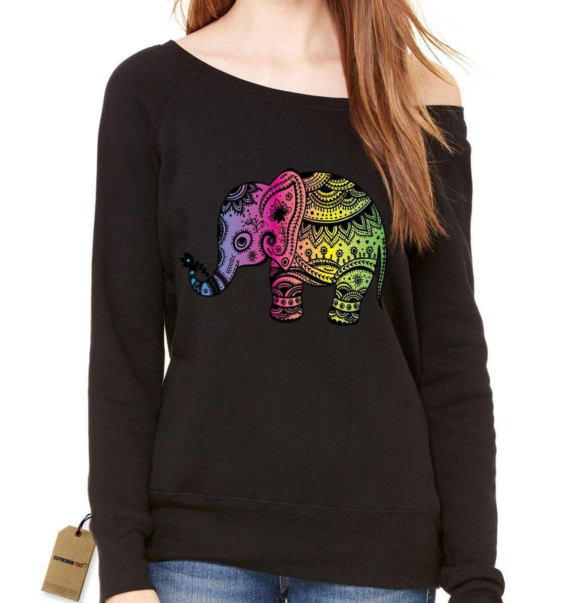 Colorful Elephant Graphic Slouchy off Shoulder Oversized Sweatshirt - Etsy
