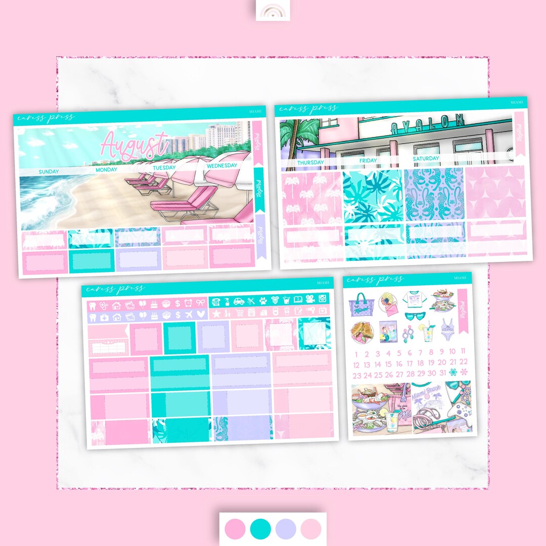 Miami Monthly Planner Sticker Kit August & Undated Options Summer ...