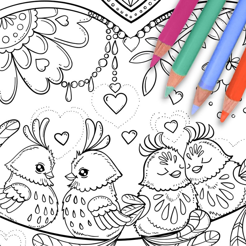 Love Bird Couples Coloring Page With a Romantic Love Heart and Flowers ...