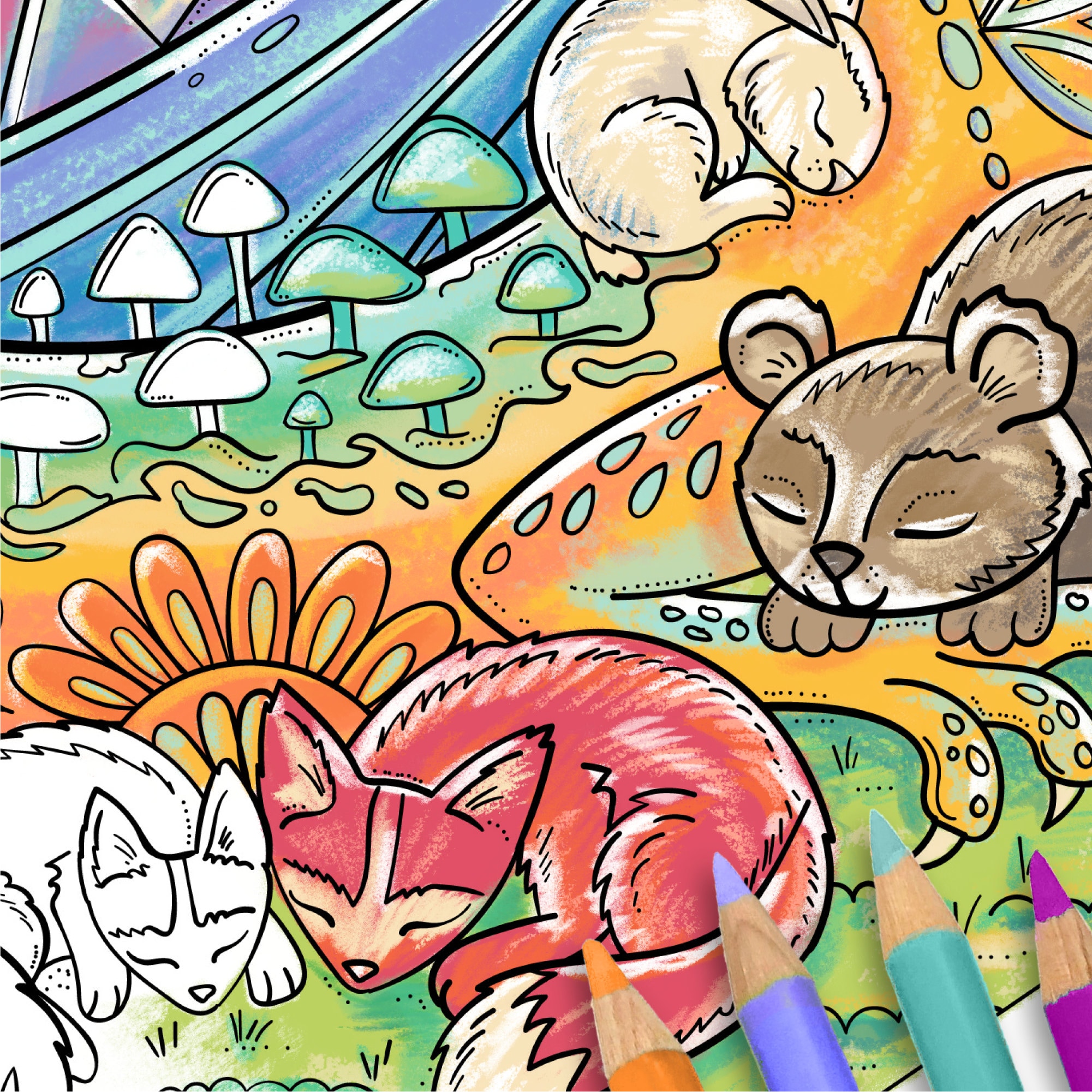 Magical Dragon Coloring Page With Cute Animals in a Fantasy Forest ...