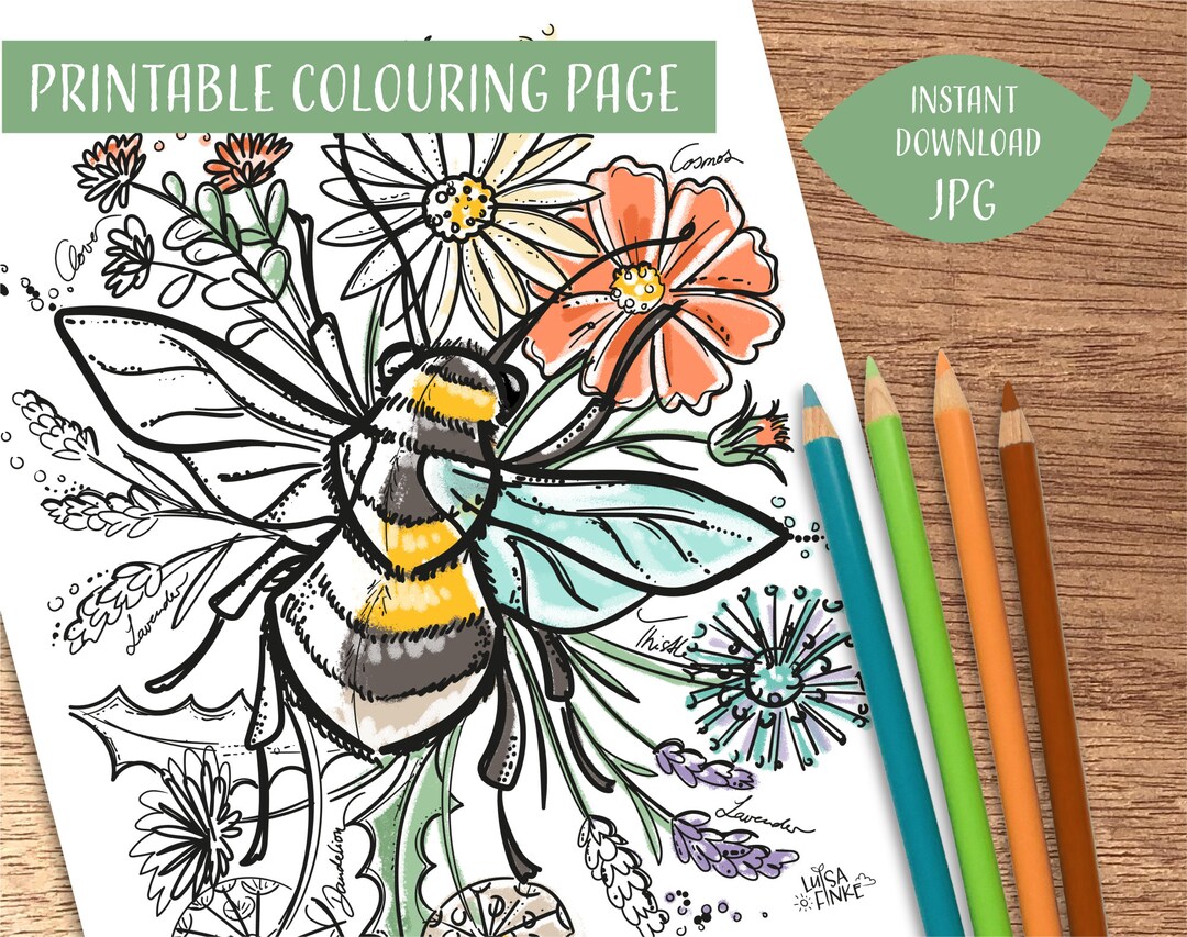 Bee Coloring Page With Flowers | Beautiful Floral Nature Coloring for ...