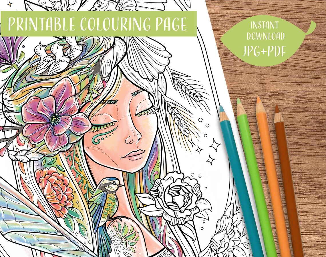 Magical Fairy Coloring Page With Birds and Flowers | Beautiful and ...