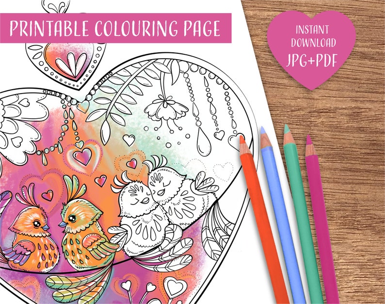 Love Bird Couples Coloring Page With a Romantic Love Heart and Flowers ...
