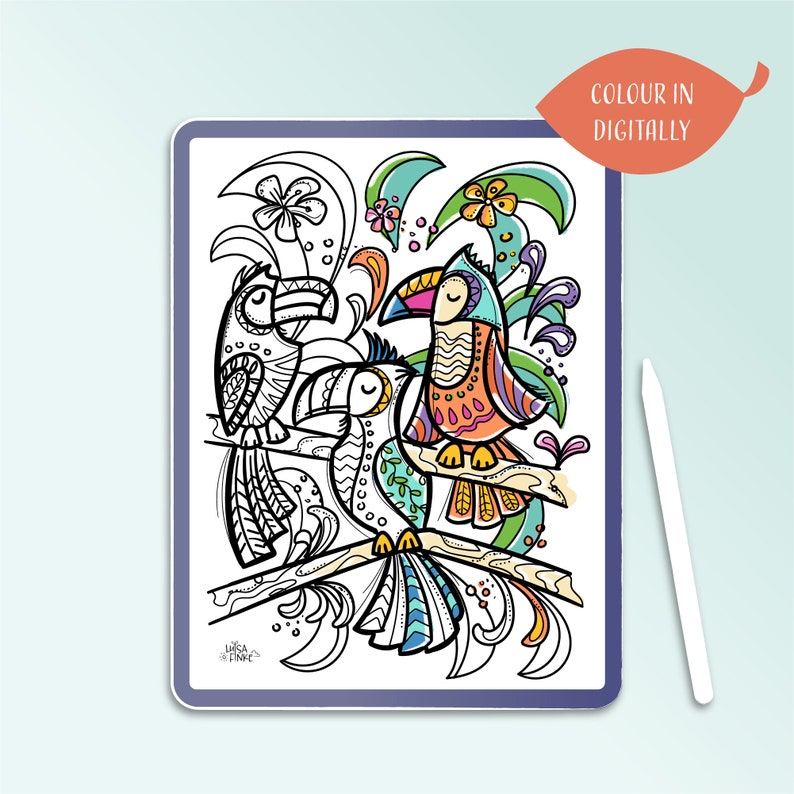 Tropical Toucan Coloring Page in the Jungle With Flowers | Cute and Fun ...
