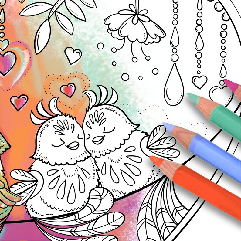 Love Bird Couples Coloring Page With a Romantic Love Heart and Flowers ...