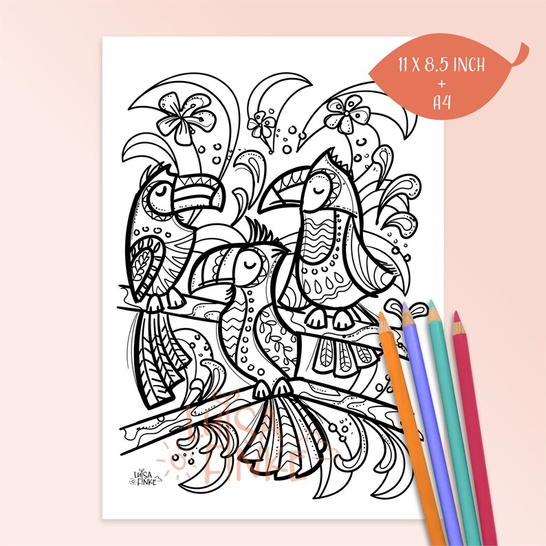 Tropical Toucan Coloring Page in the Jungle With Flowers | Cute and Fun ...