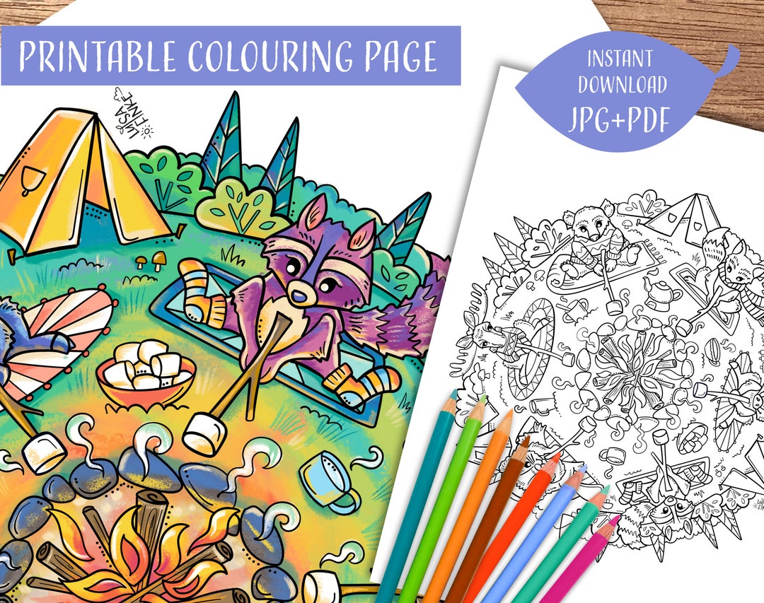 Cosy Camping Coloring Page With Cute Animals Around Campfire | Mandala ...