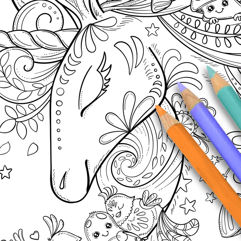 Magical Unicorn Coloring Page With Cute Birds, Flowers and Mushrooms ...