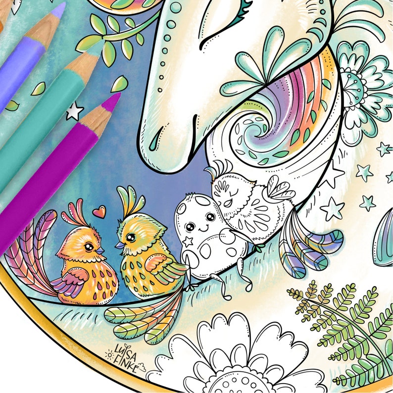 Magical Unicorn Coloring Page With Cute Birds, Flowers and Mushrooms ...