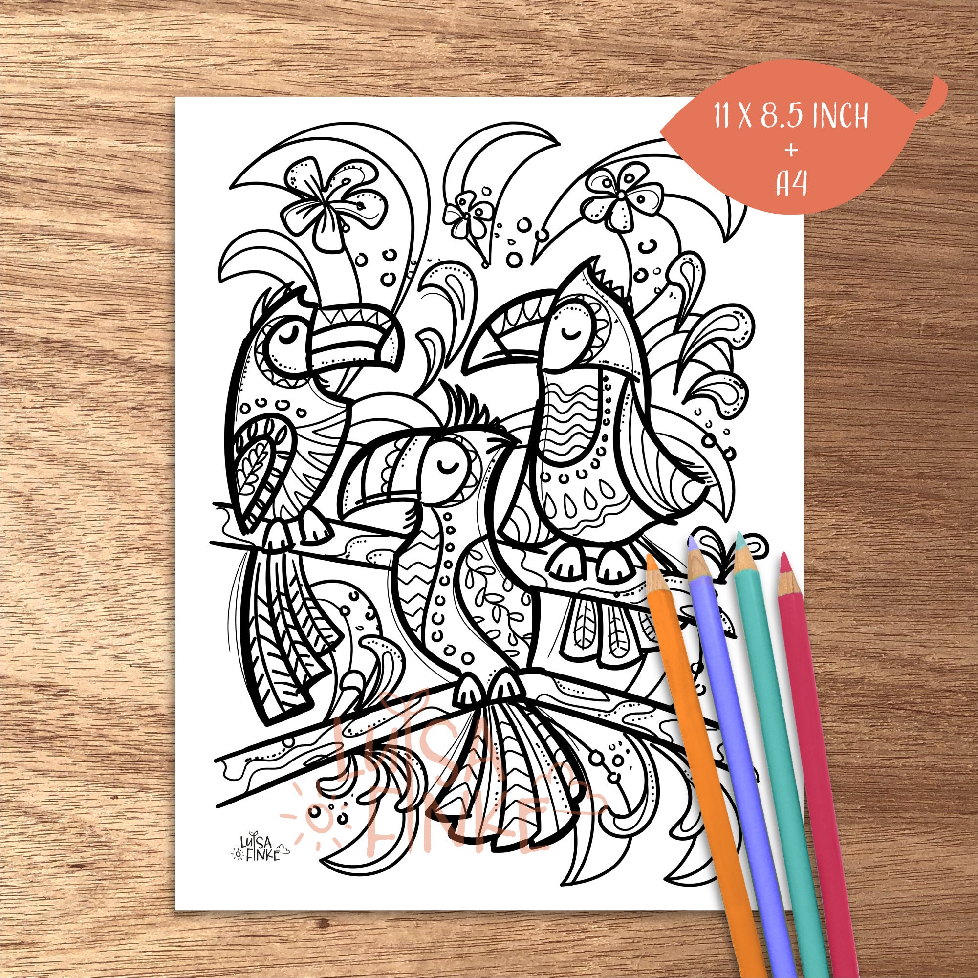 Tropical Toucan Coloring Page in the Jungle With Flowers | Cute and Fun ...