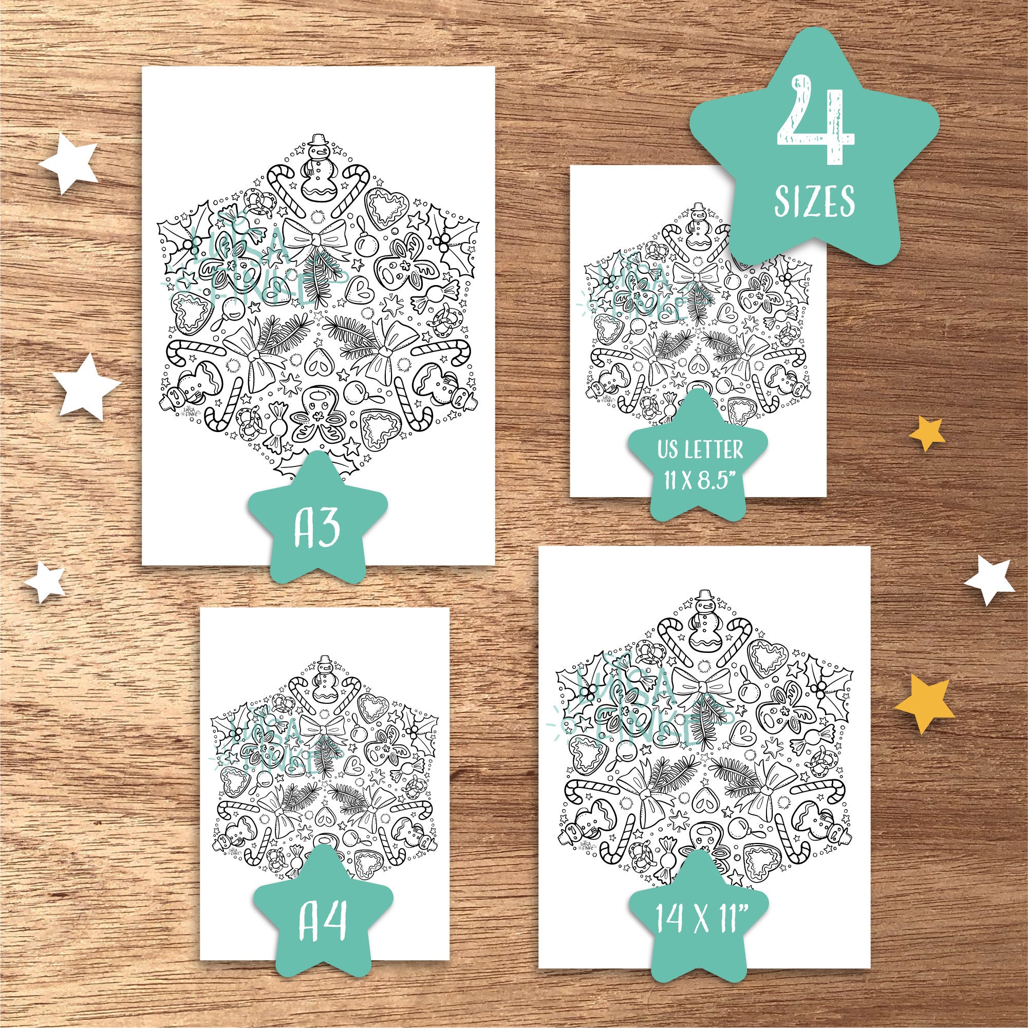 Christmas Mandala Star Coloring Page With Snowman and Reindeer Cookie ...